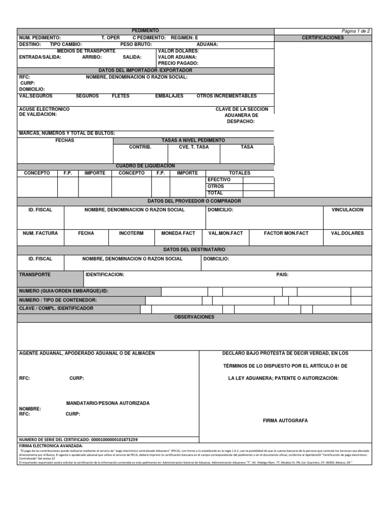 Formato de Pedimento de Exportación | PDF | aduana | Economias