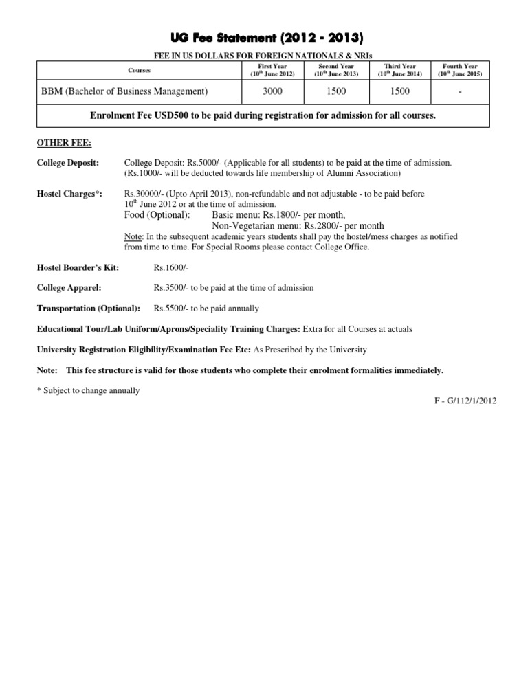 UG Fee Structure for Foreign Nationals | PDF