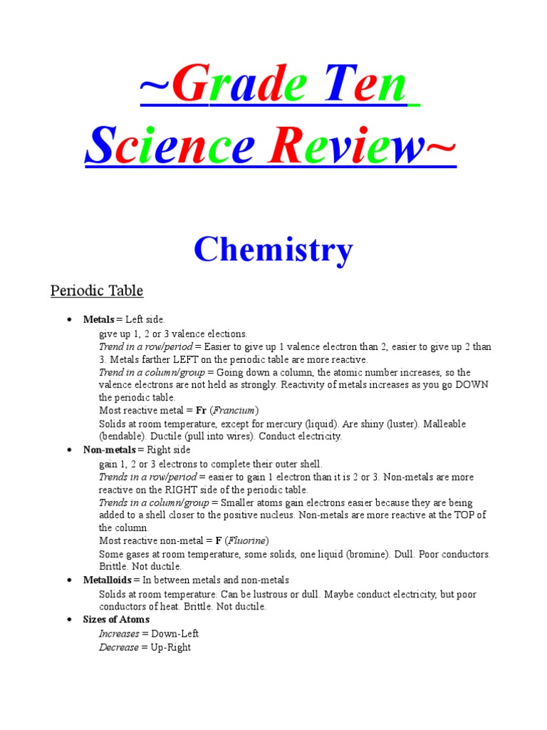 Grade Ten: Science Exam Notes | PDF | Ion | Molecules