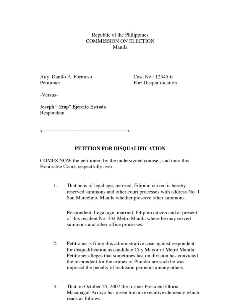 Estrada Disqualification Petition | PDF | Pardon | Common Law