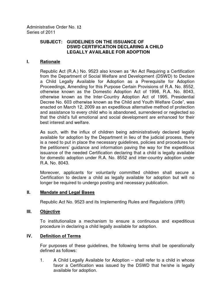 DSWD Guidelines on Issuing Certification for Children Available for ...