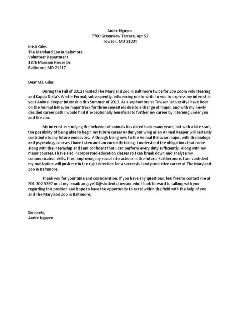 Cover Letter Animal Behavior Internship | PDF