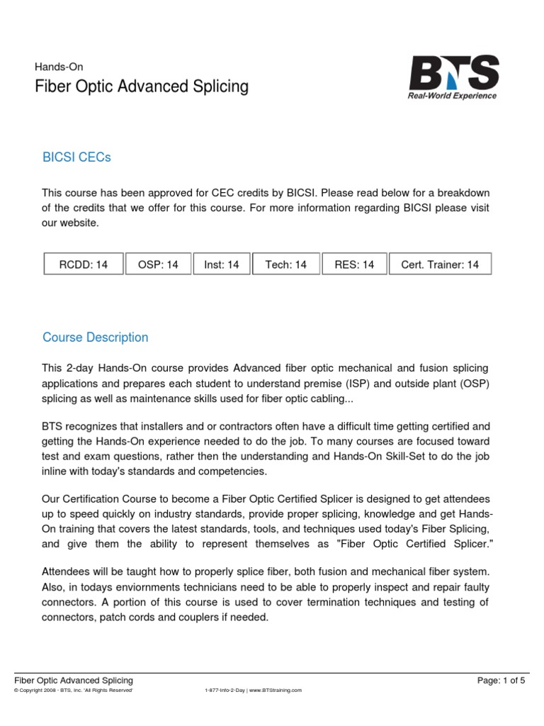 BTS Training Fiber Optic Advanced Splicing | PDF | Optical Fiber | Cable