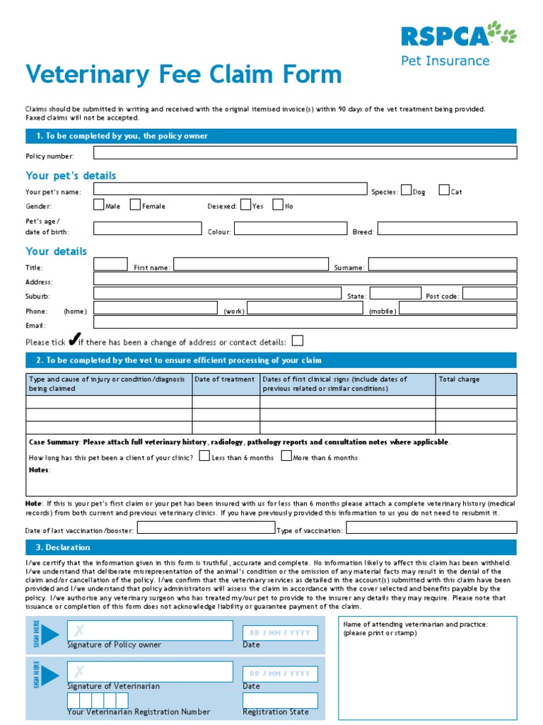 RSPCA Vet Fee Claim Form Secured | PDF | Veterinary Physician ...