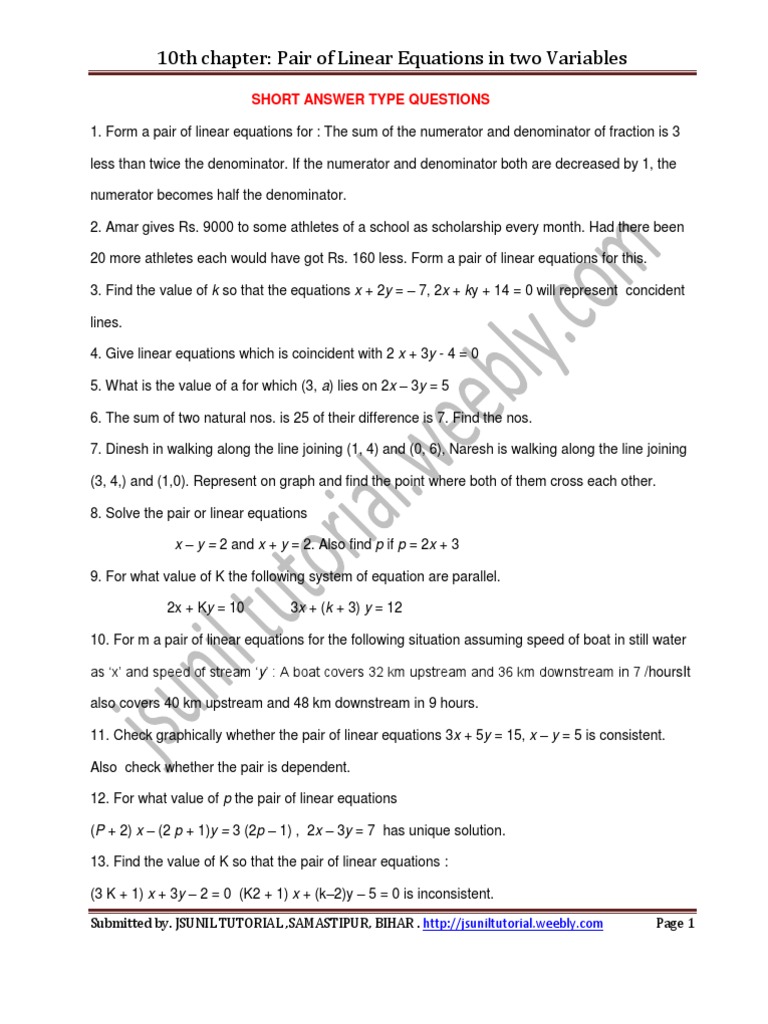 10th Linear Equations in Two Variables Mcq-2 | Download Free PDF ...