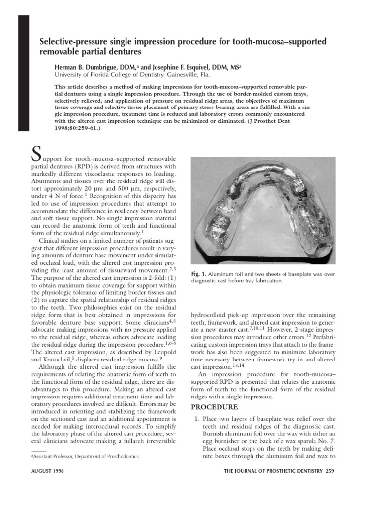 Selective-Pressure Single Impression Procedure For Tooth-Mucosa ...