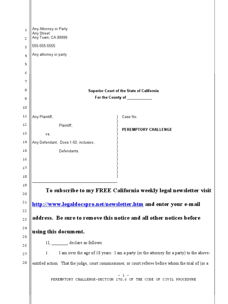 Sample Peremptory Challenge For California | PDF | Prejudice (Legal Term) | Lawsuit