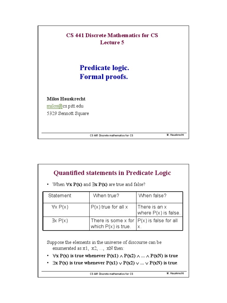 Predicate Logic. Formal Proofs.: CS 441 Discrete Mathematics For CS | PDF