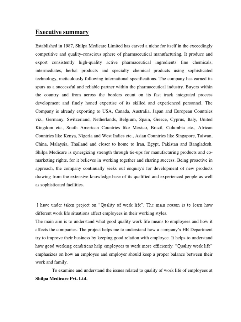 Executive Summary: Shilpa Medicare Pvt. LTD | PDF | Fine Chemical | Job ...