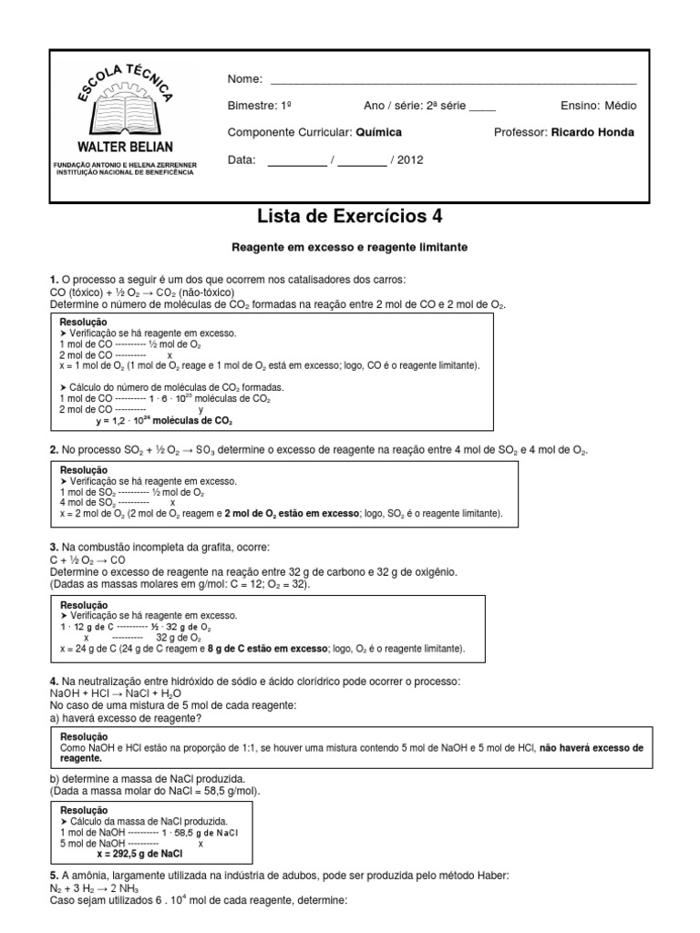 Resolucao Da Lista de Exercicios 4 - Reagente em Excesso e Reagente ... Resolucao Da Lista de Exercicios 4 - Reagente em Excesso e Reagente ...
