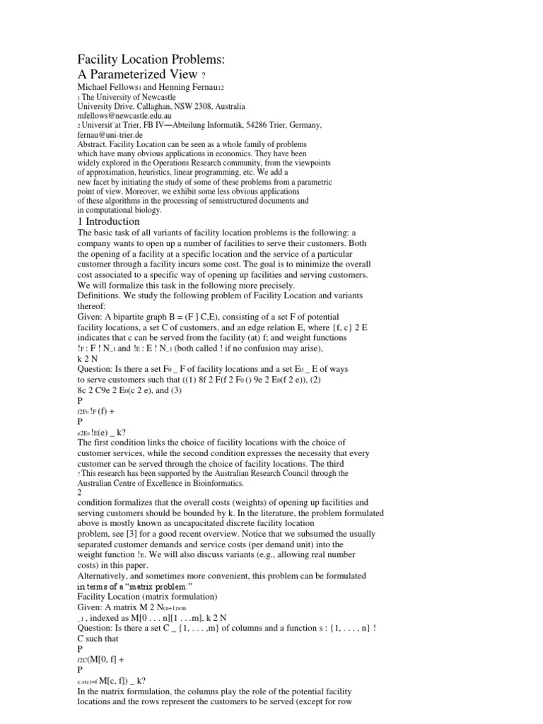 Facility Location Problems: A Parameterized View | PDF | Xml | Time Complexity