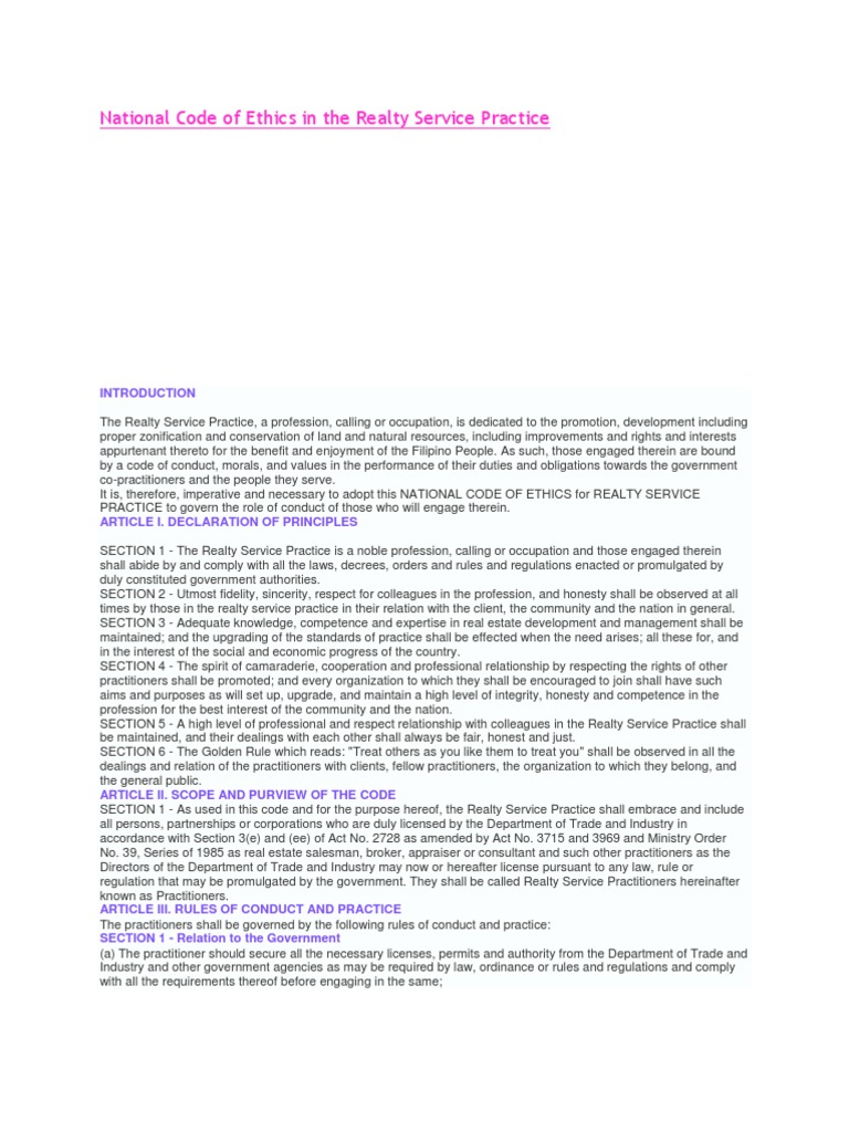 National Code of Ethics in The Realty Service Practice | PDF ...