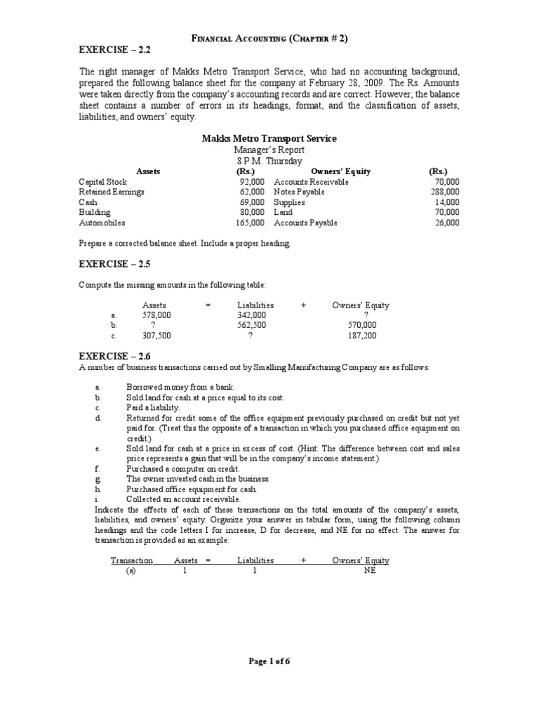 CHAPTER - 2 - Exercise & Problems | PDF | Balance Sheet | Debits And Credits