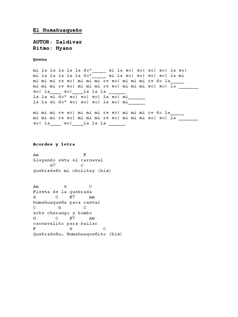 El humahuaqueño carnavalito - letra, acordes, quena, charango, bombo ...