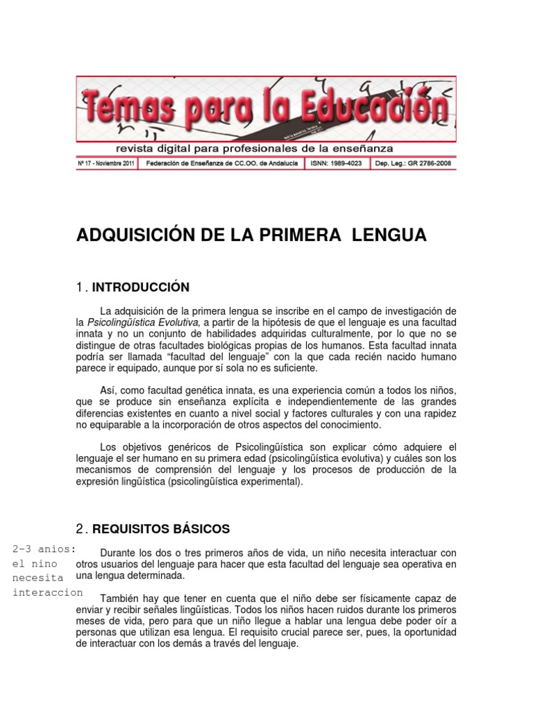 Adquisicion de La Primera Lengua | PDF | Aquisición de idioma | Palabra