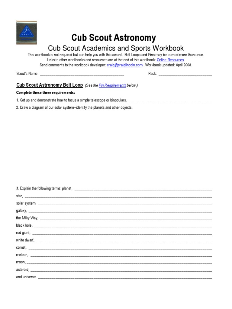 Cub Scout Astronomy Workbook Guide | PDF | Astronomy | Planets