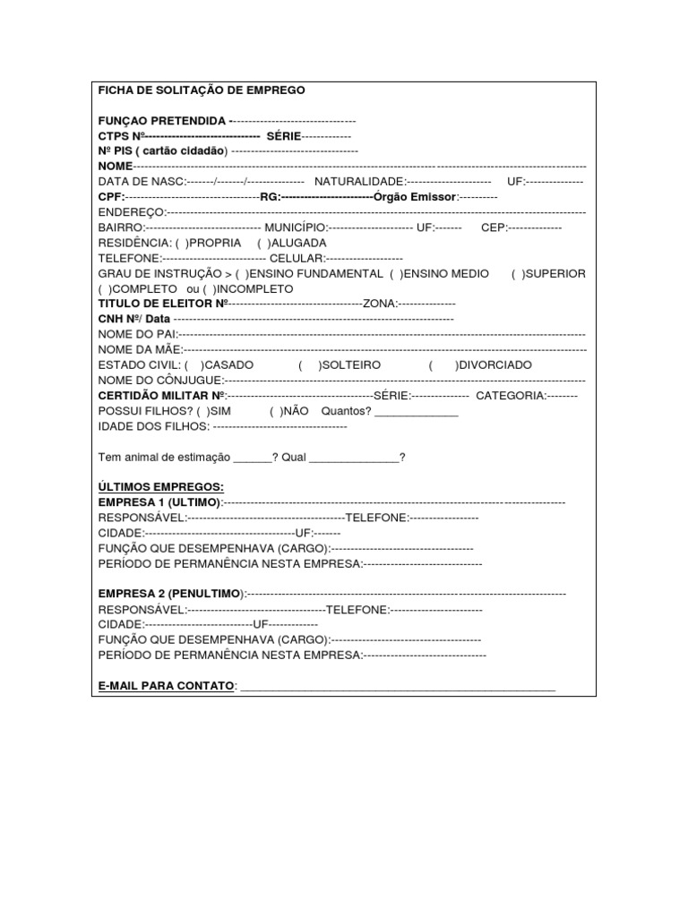 Formulario De Emprego Para Imprimir Gratuitamente Os 5 Principais
