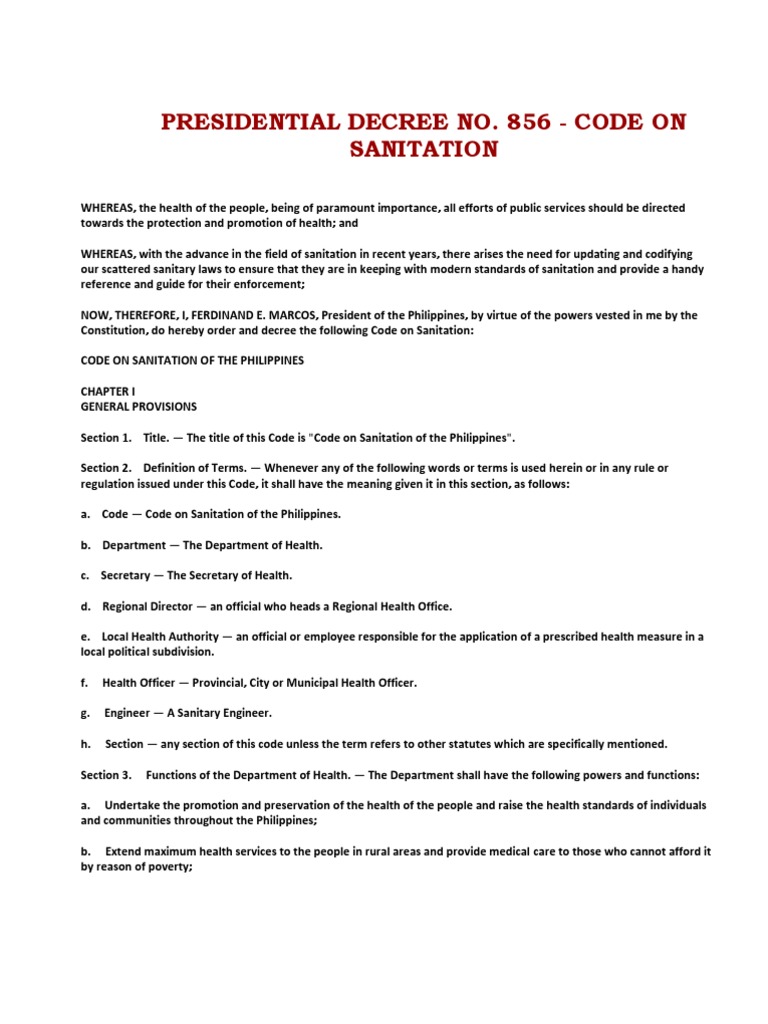 PD 856 - Sanitation Code PDF | PDF | Slaughterhouse | Sanitation
