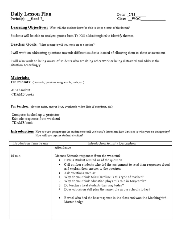 To Kill A Mockingbird Theme Search Lesson Plan | PDF | Lesson Plan ...