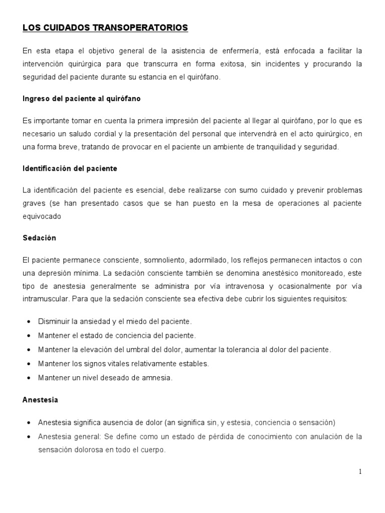 Cuidados Transoperatorios y Postoperatorios | PDF | Cirugía | Anestesia