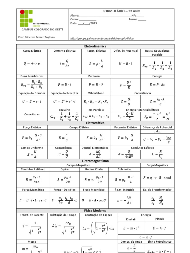 Fórmulas - Eletromagnetismo e Física Moderna