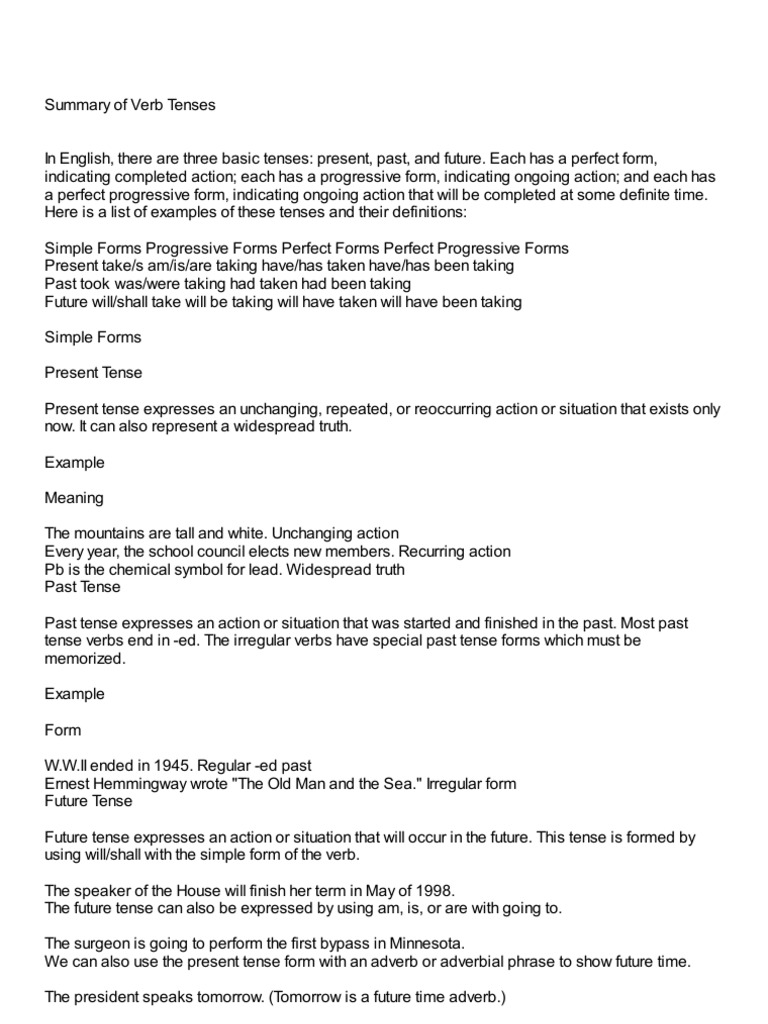 Summary of Verb Tenses | PDF | Grammatical Tense | Perfect (Grammar)