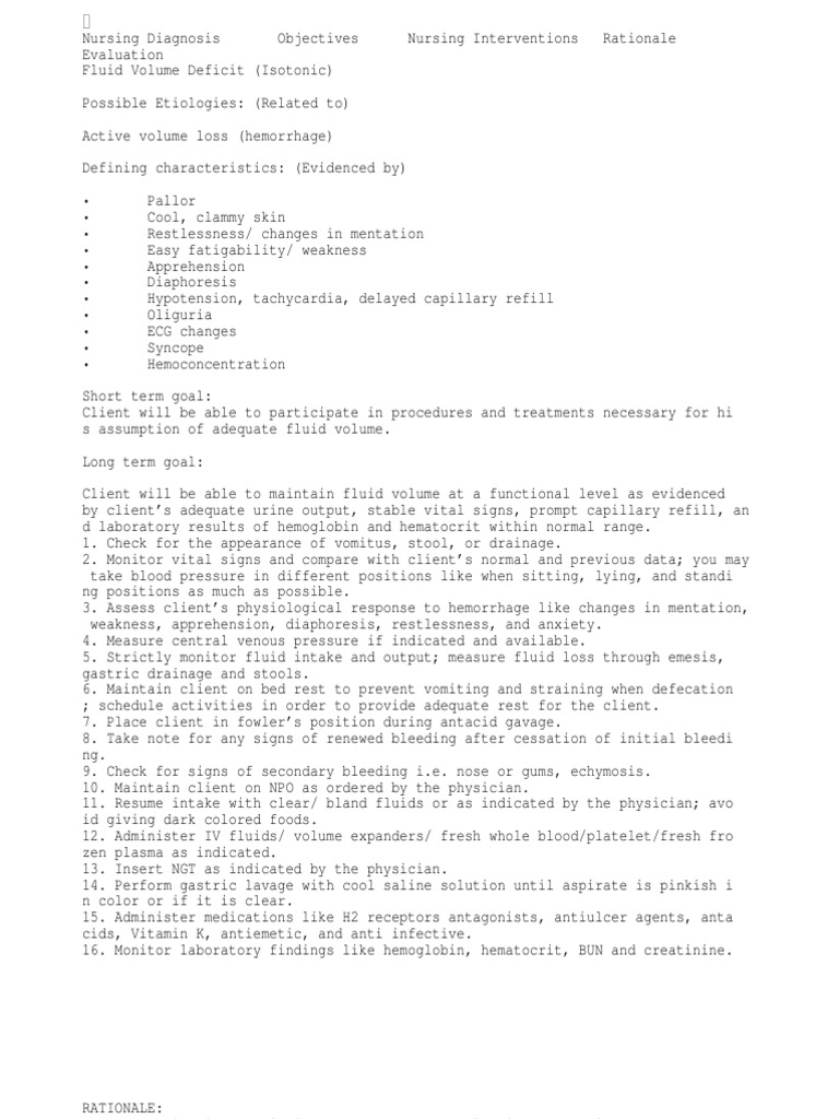 NCP 3 DEFICIT IN FLUID VOLUME | PDF | Vomiting | Bleeding