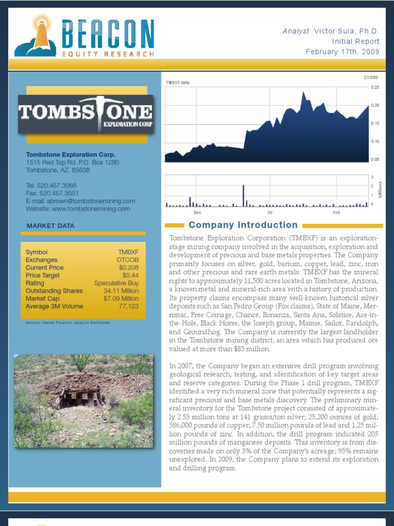 Company Introduction: Tombstone Exploration Corp | PDF | Silver | Mining