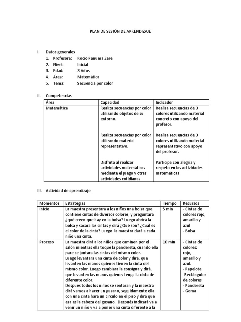 PLAN DE SESIÓN DE APRENDIZAJE | Color | Aprendizaje