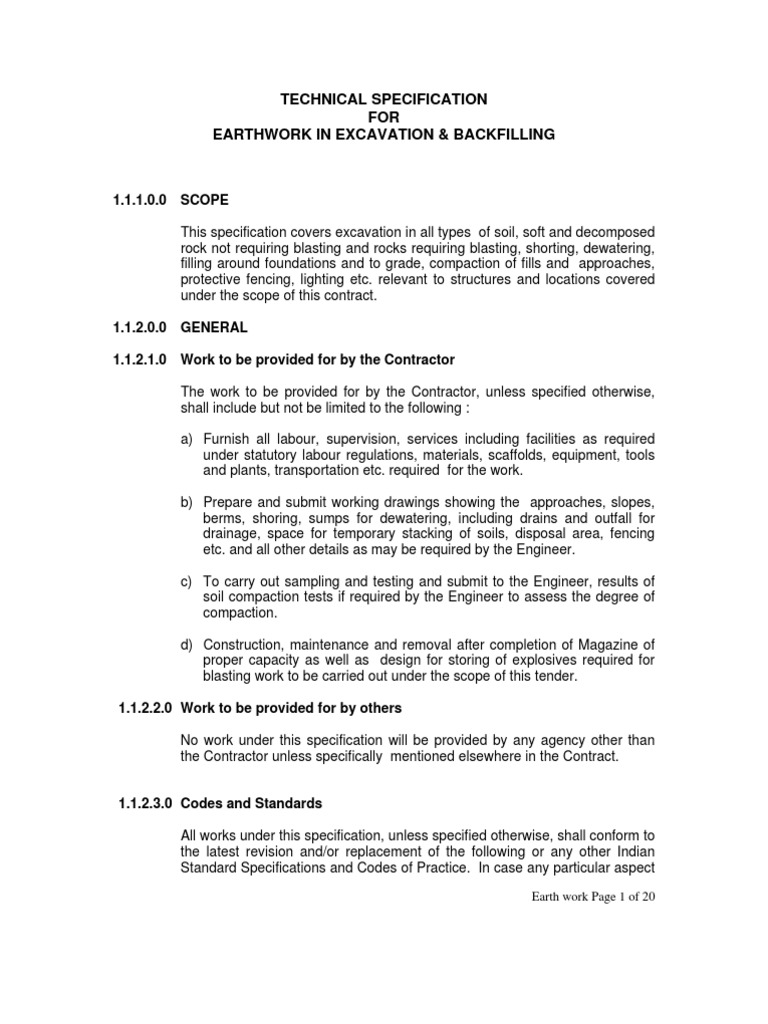 Technical Specification FOR Earthwork in Excavation & Backfilling | PDF