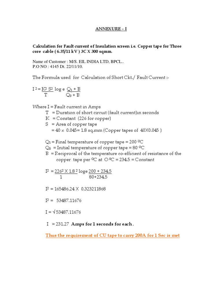 Cable Fault Current Calculation | PDF | Electric Current | Electric Power