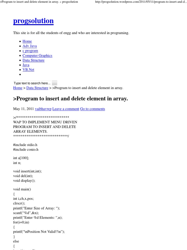 Program To Insert And Delete Element In Array Progsolution Pdf Array Data Structure Java