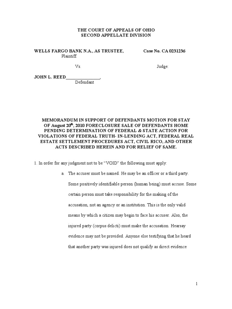 Memorandum in Support of Defendants Motion For Stay of | PDF | Truth In ...
