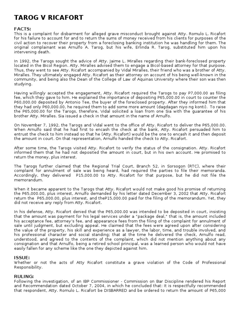 Tarog V Ricafort My Digest-1 | PDF | Disbarment | Cheque