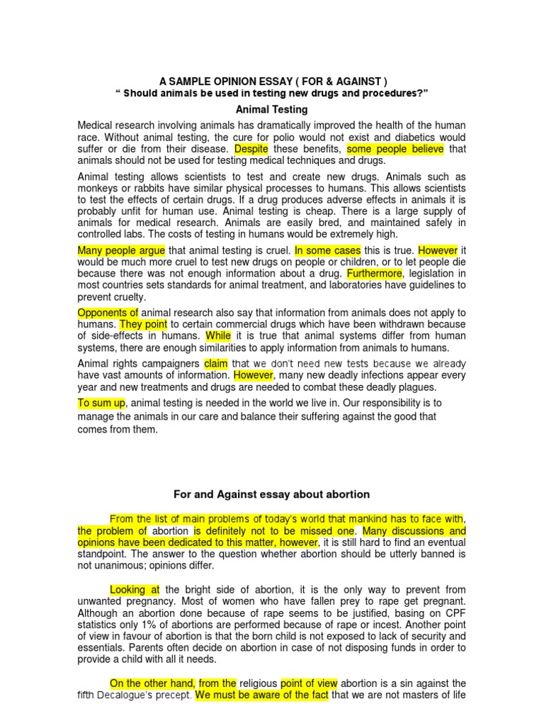 Examples of For and Against Essays | PDF | Animal Testing | Censorship