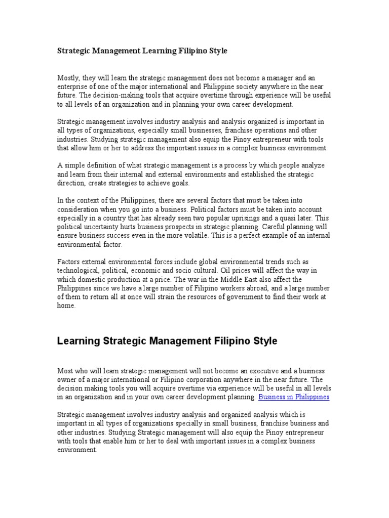 Strategic Management Learning Filipino Style | PDF | Strategic ...