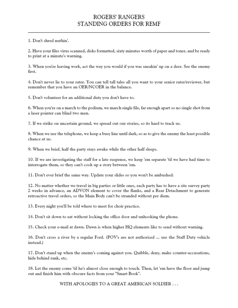 Plaque - Roger's Rangers - Standing Orders For REMFs | PDF