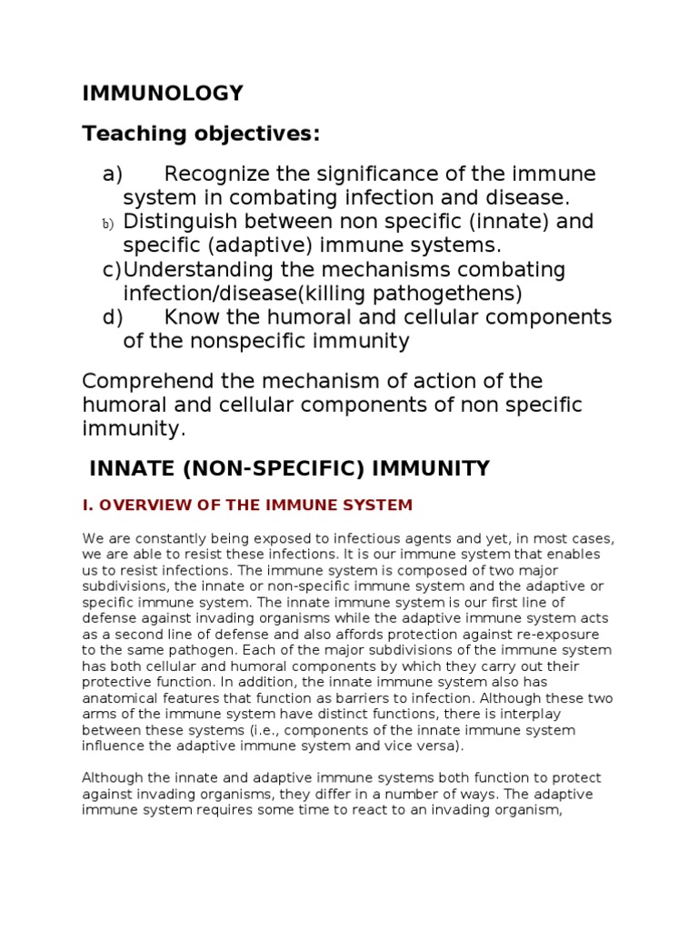 Immunology Teaching Objectives:: I. Overview of The Immune System | PDF ...