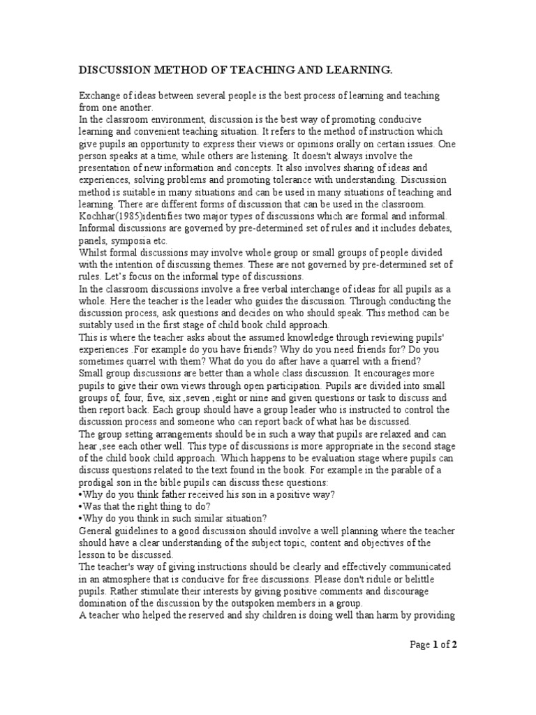 Discussion Method of Teaching and Learning | PDF | Conversation | Learning