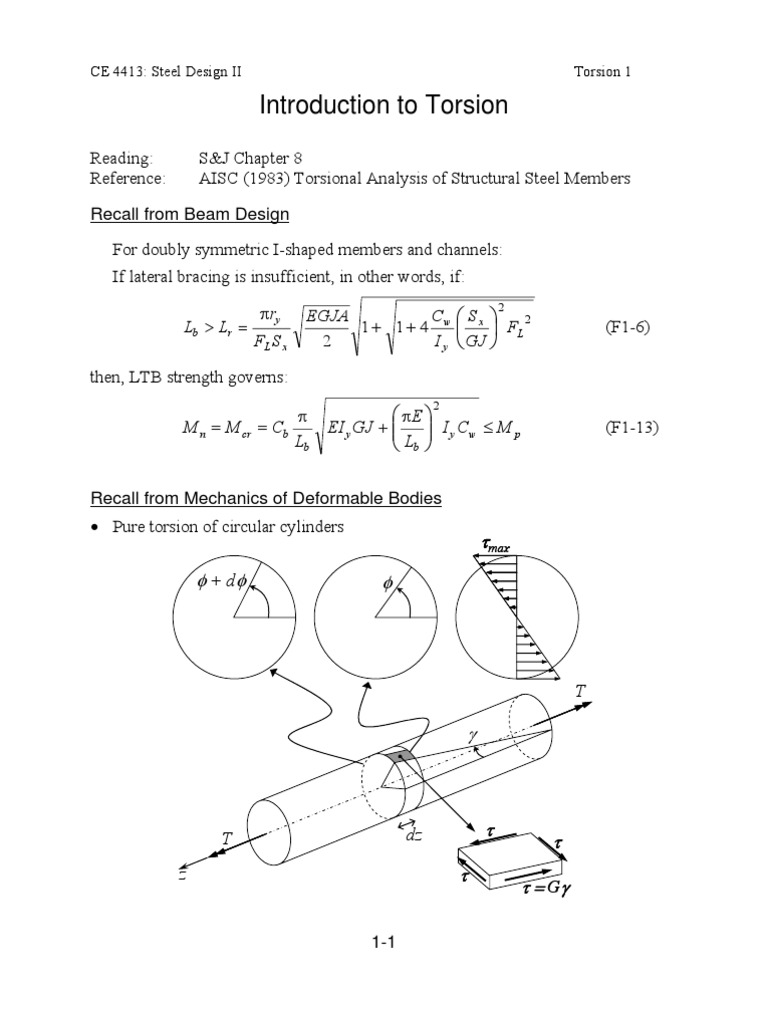 Introduction To Torsion F Gj S I C Egja S F R L L Pdf Bending