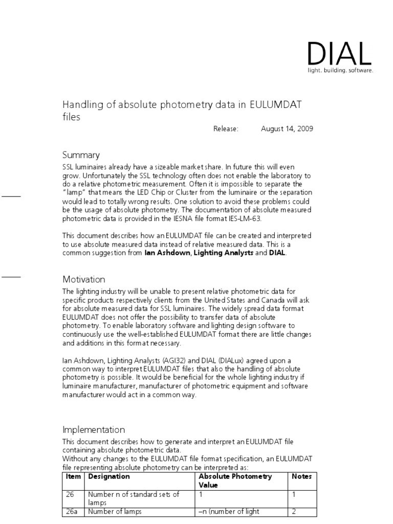 Handling of Absolute Photometry Data in EULUMDAT Files | PDF | Lighting ...