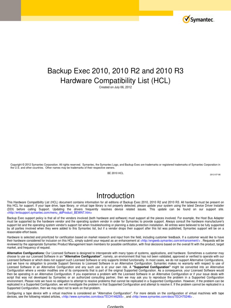 Backup Exec 2010, 2010 R2 and 2010 R3 Hardware Compatibility List (HCL ...