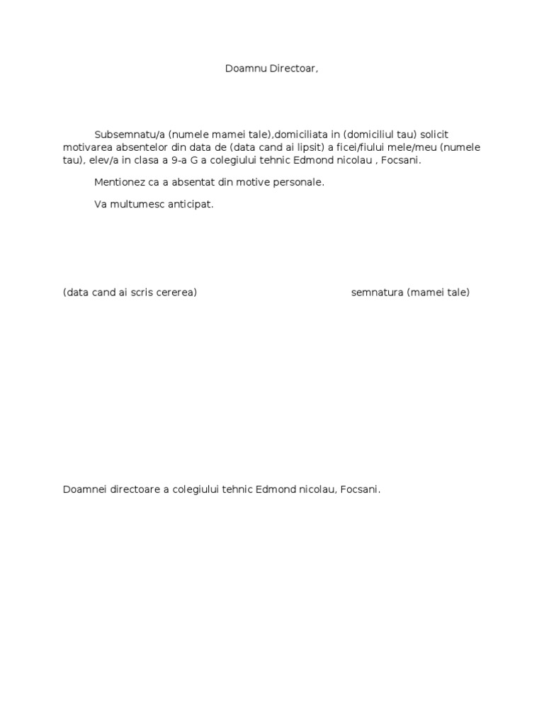 CERERE Motivare Absente | PDF