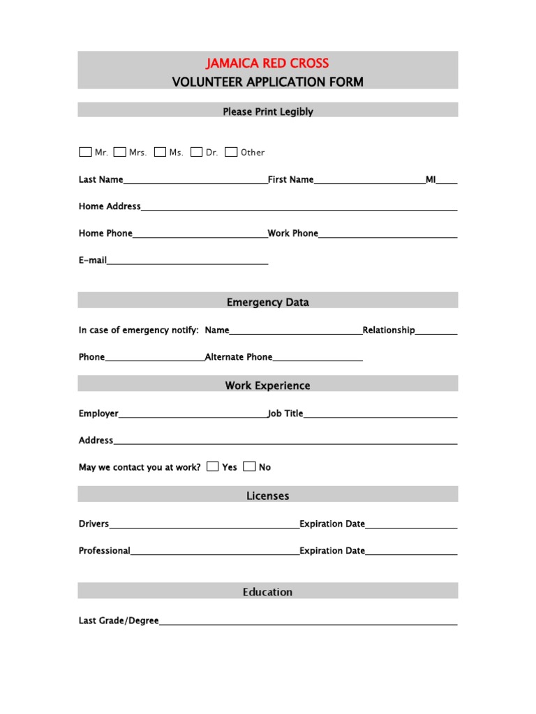 Jamaica Red Cross Volunteer Application Form | PDF | International Red ...