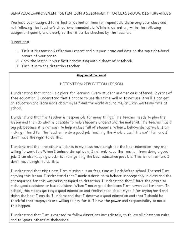 Detention Reflection Assignment Guide | PDF | Teachers | Behaviorism