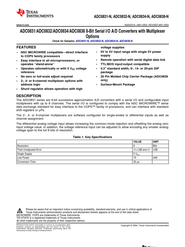 ADC0831/ADC0832/ADC0834/ADC0838 8-Bit Serial I/O A/D Converters With ...