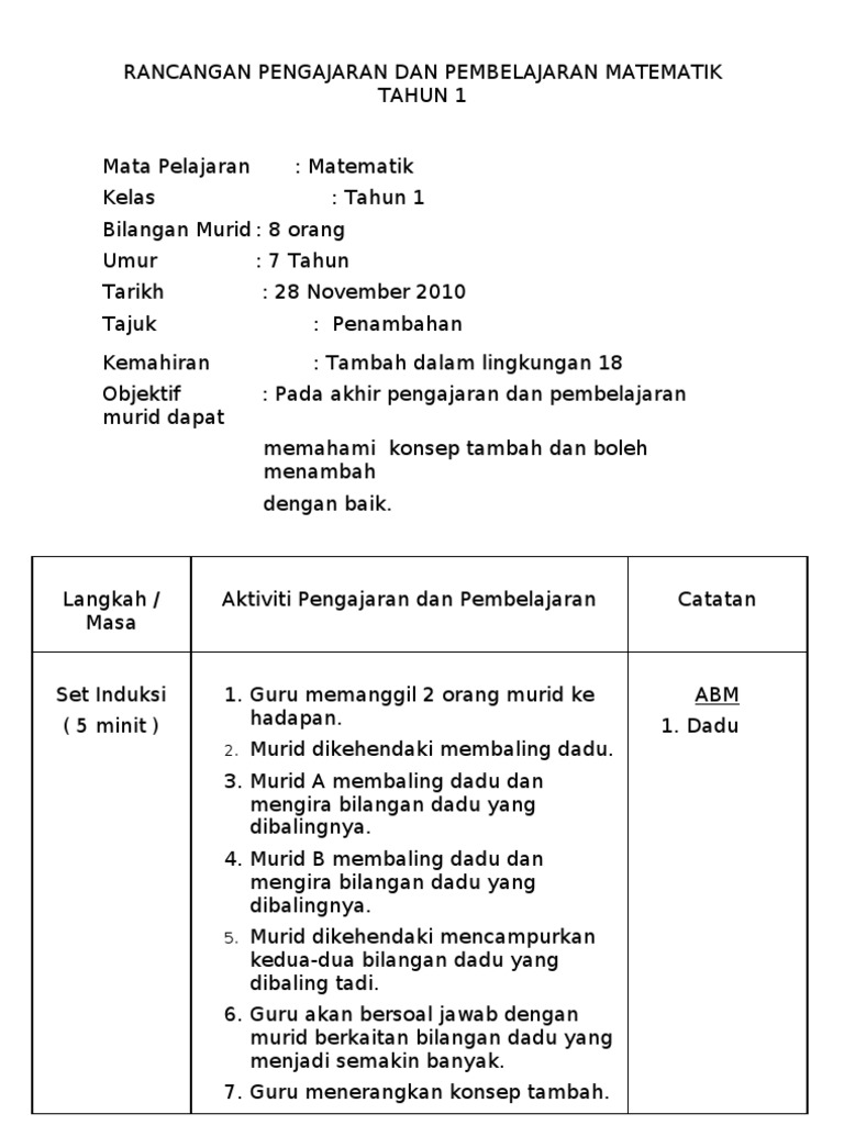 Contoh Rphy Matematik Tahun 1 Penambahan - JadencelGood