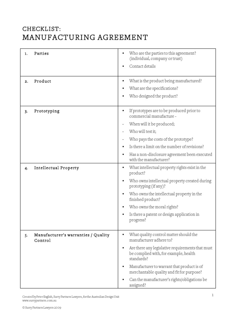 Checklist Manufacturing Agreement | PDF | Non Disclosure Agreement ...