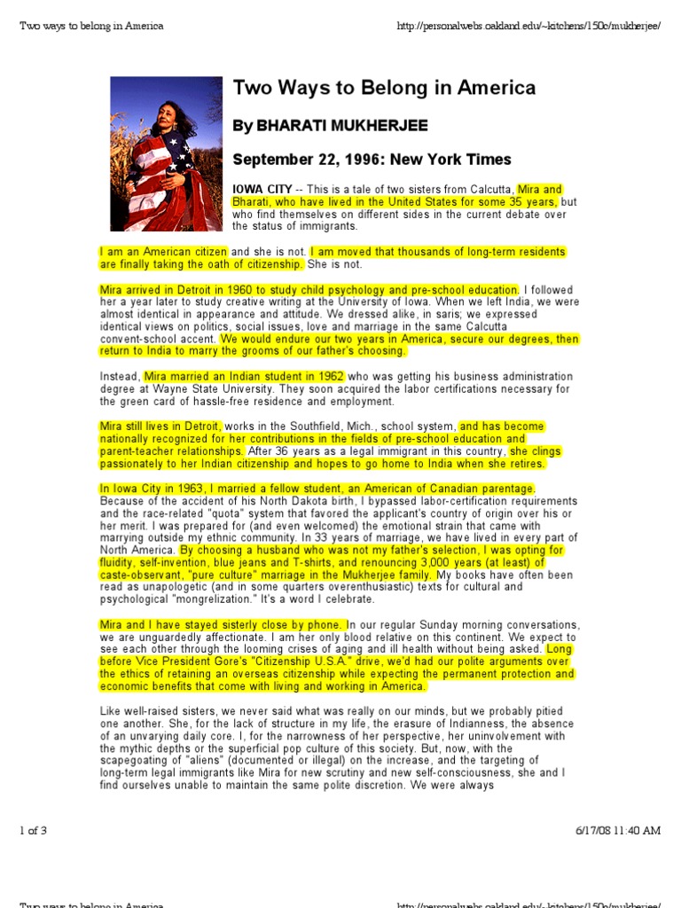 Two Ways To Belong in America Bharati Mukherjee | PDF | Immigration ...