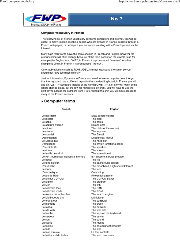 French Computer Vocabulary Guide | PDF | Internet | Computer Keyboard